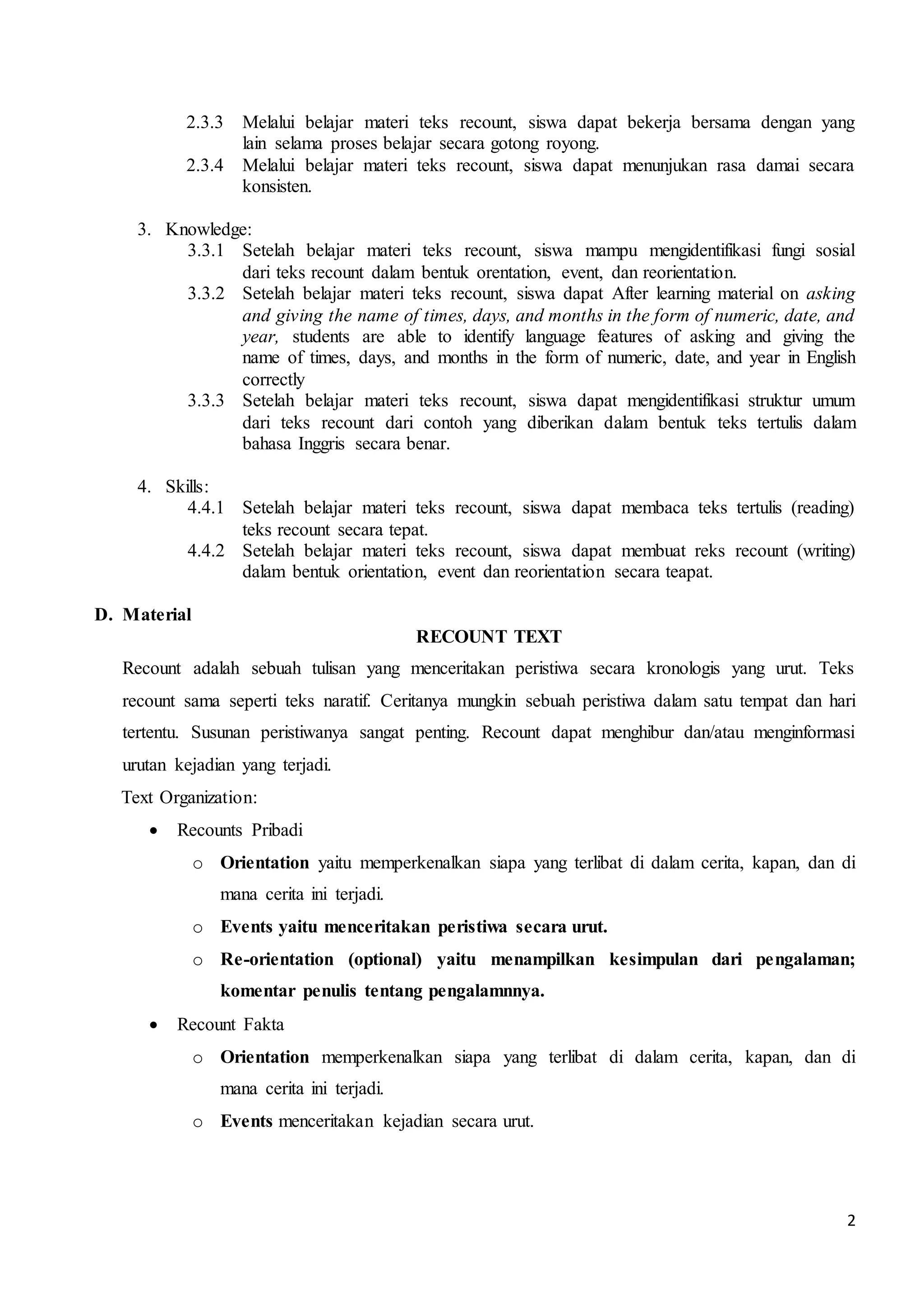Lesson plan recount text kelas 8 semester 2 kutilas | DOCX
