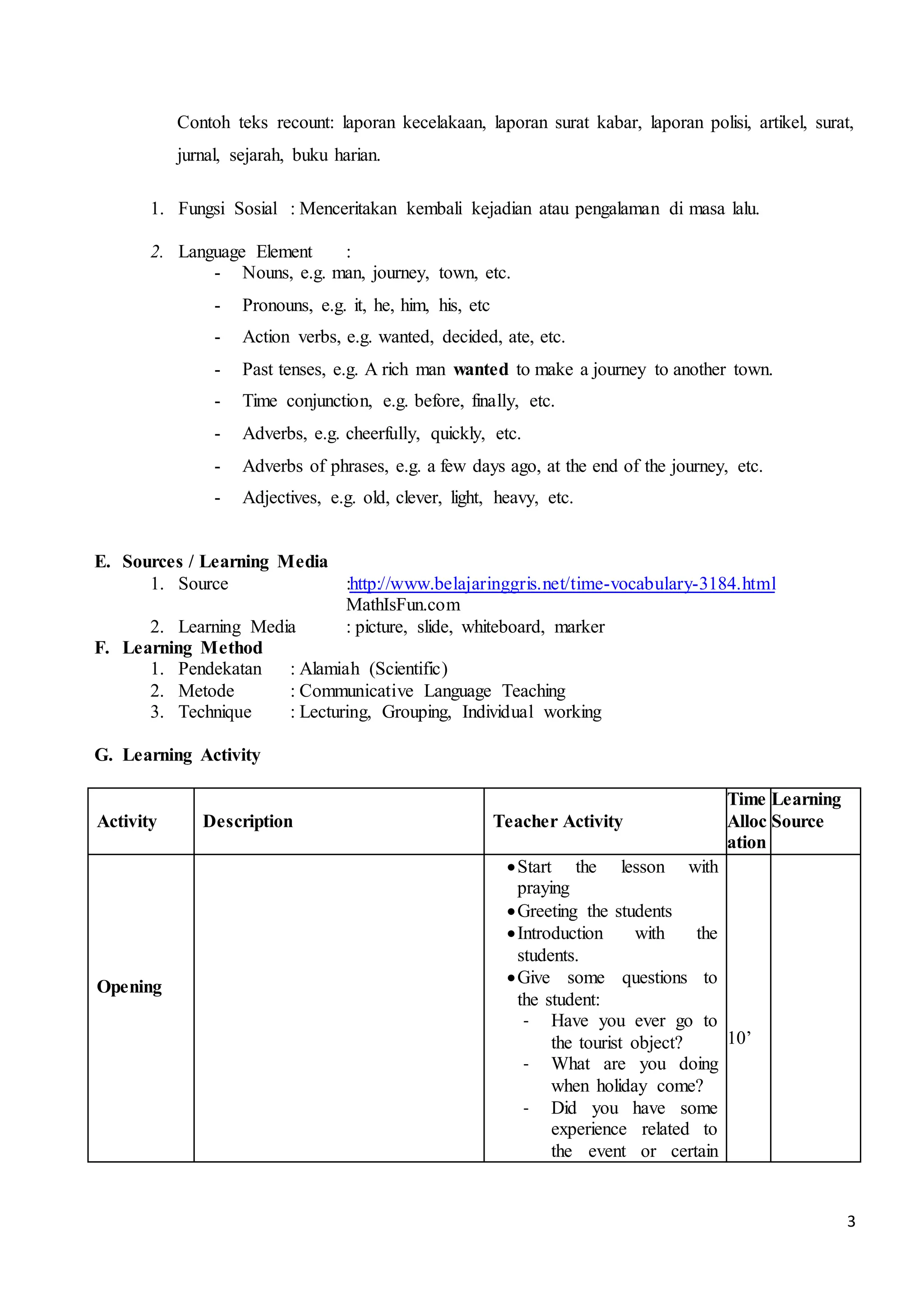 Lesson plan recount text kelas 8 semester 2 kutilas | DOCX