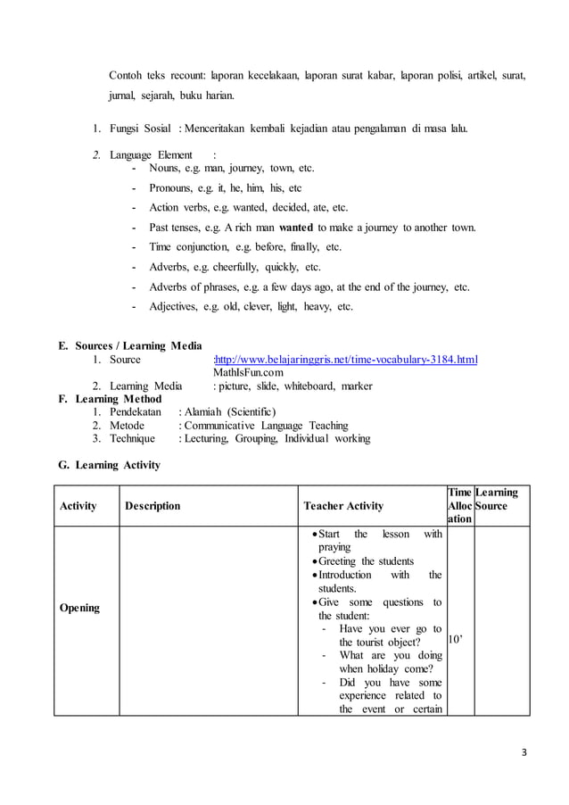 Lesson plan recount text kelas 8 semester 2 kutilas | DOCX