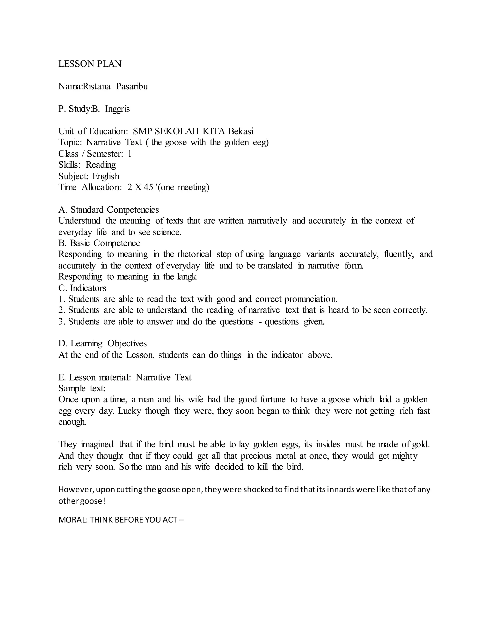 Lessonplanrista reading | DOCX