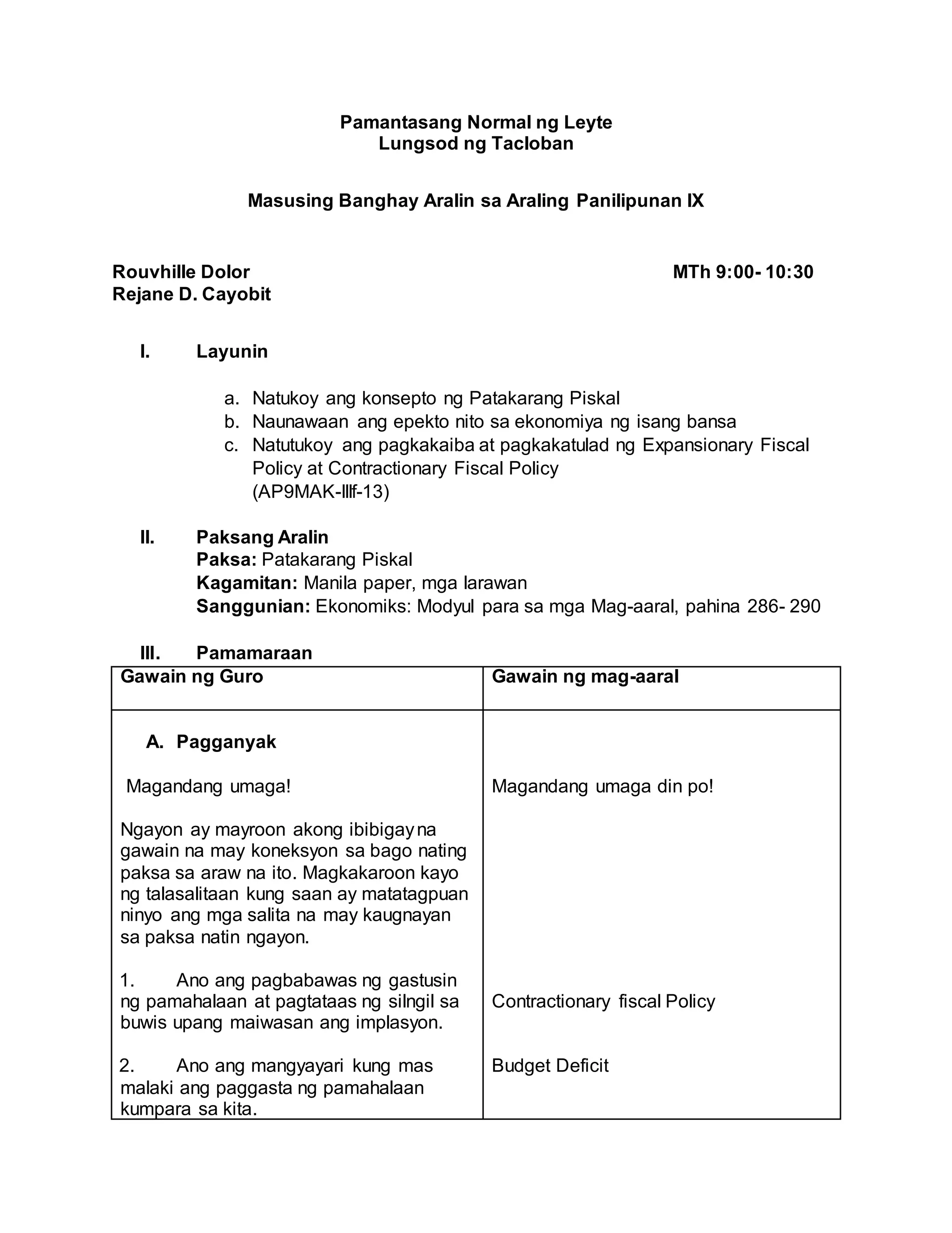 Masusing Banghay Aralin sa Araling Panlipunan Grade IX- Aralin 5 Yunit III- Konsepto ng ...