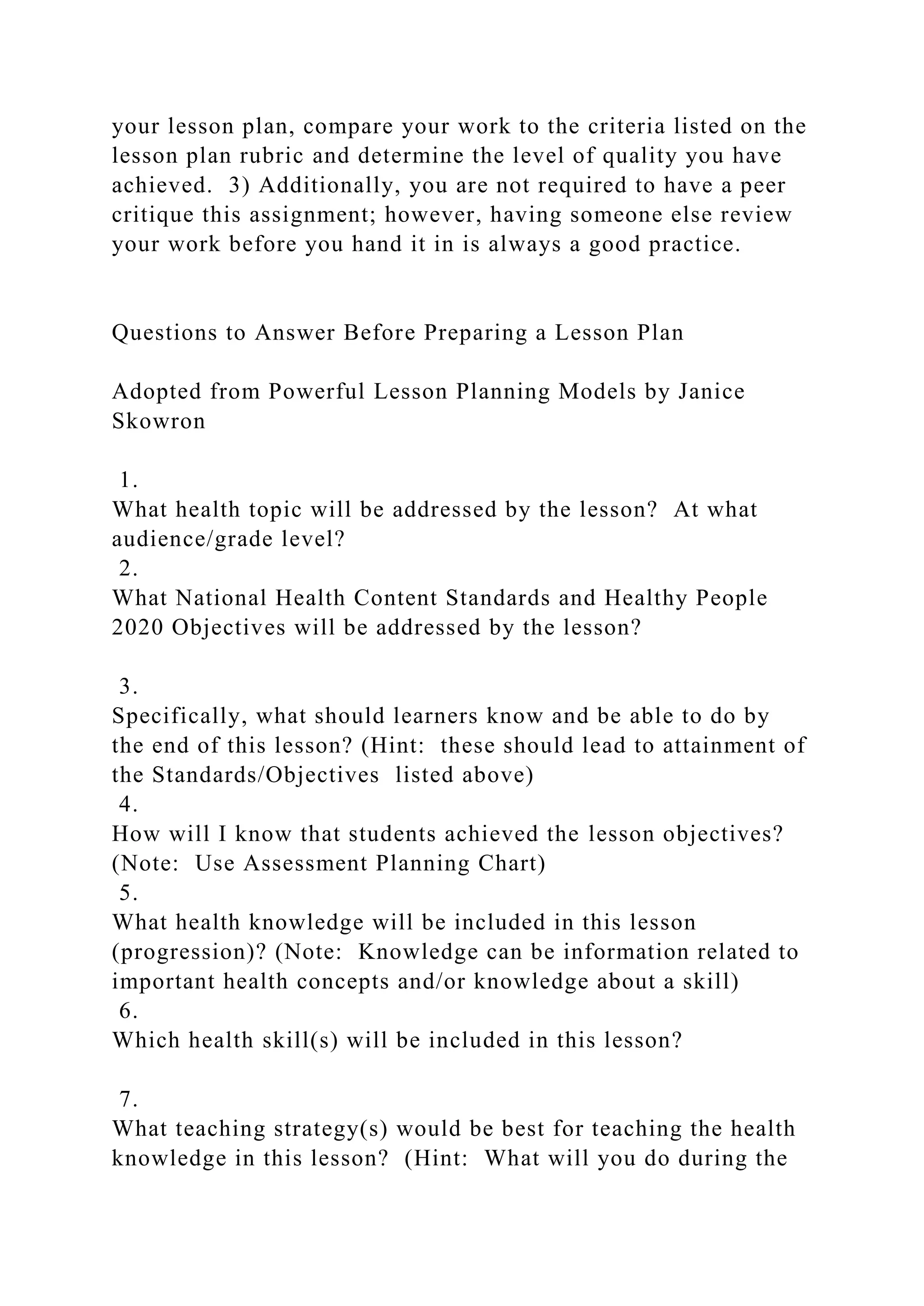 Lesson Plan Rubric with Criteria Directions Use the rubric belo.docx