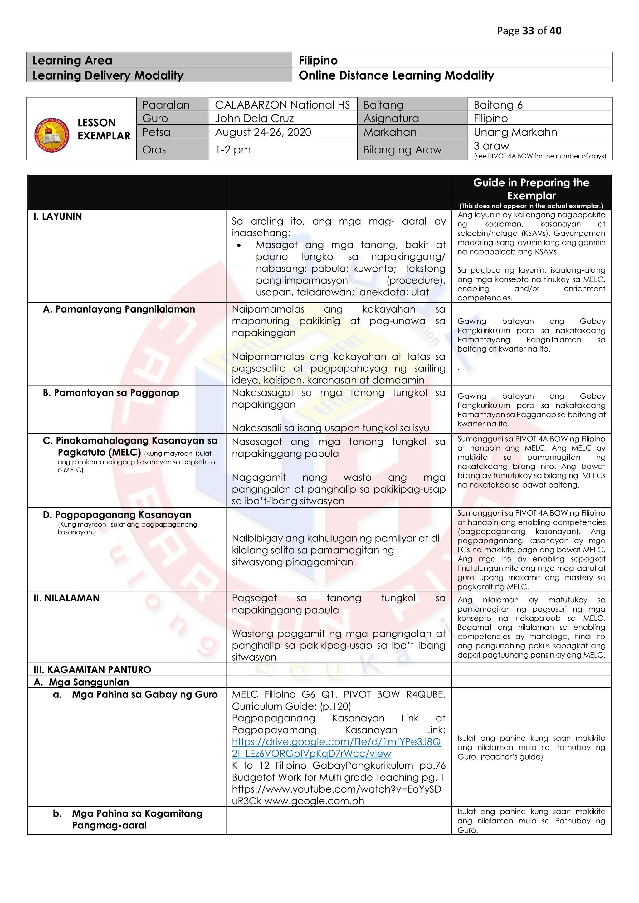 Lesson Plan Sample Lesson Exemplars 0001 | PDF