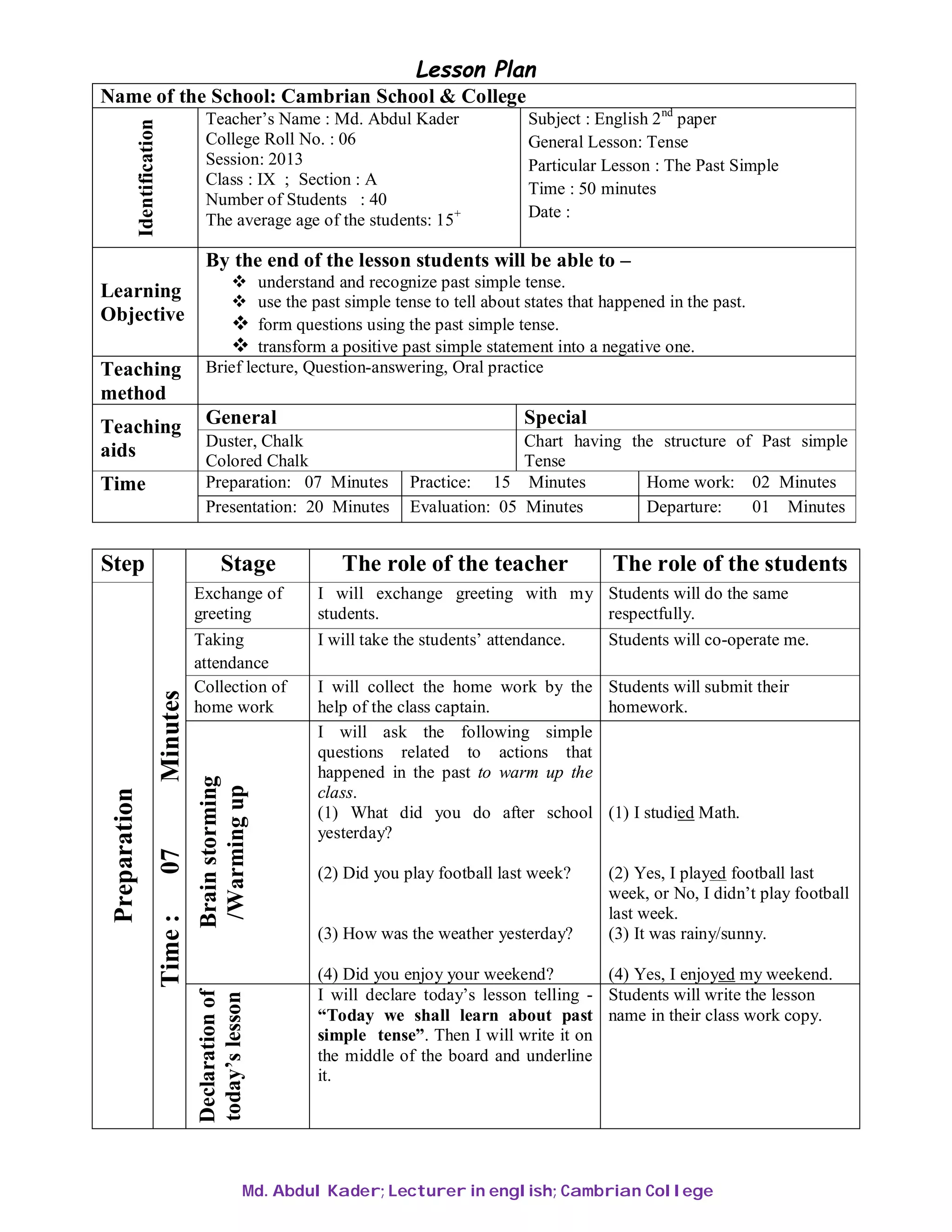 Sample Lesson Plan on Past Simple Tense | PDF