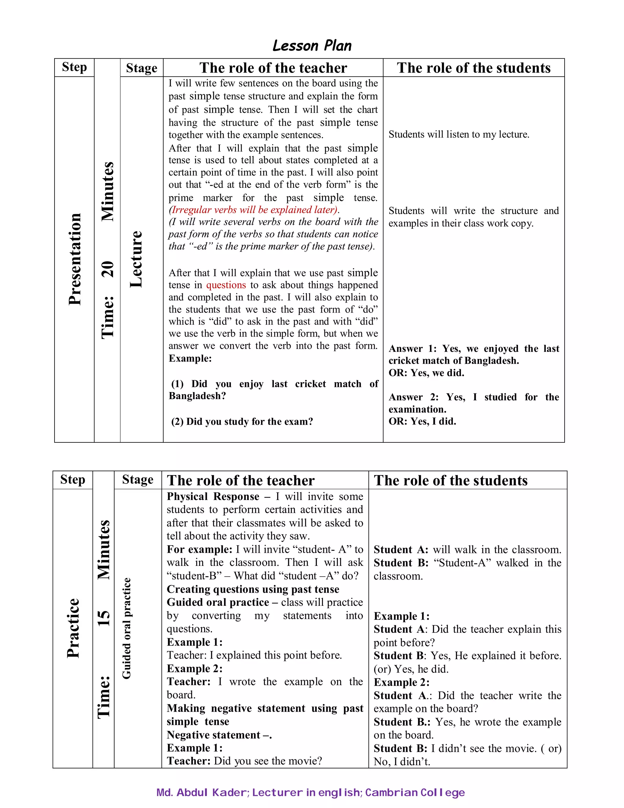 Sample Lesson Plan on Past Simple Tense | PDF