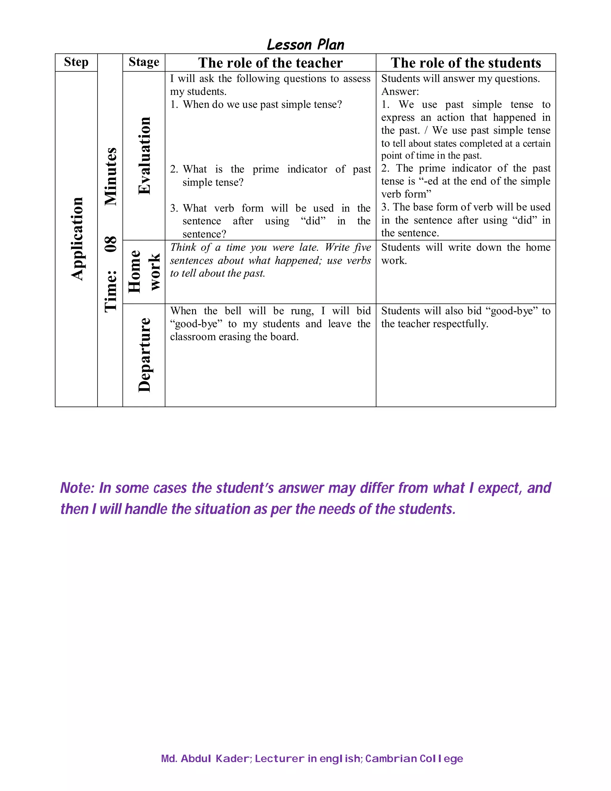 Sample Lesson Plan on Past Simple Tense | PDF