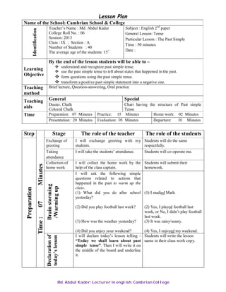 Sample Lesson Plan on Past Simple Tense | PDF