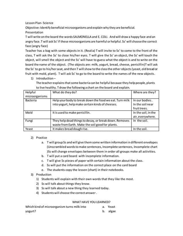 SCIENCE LESSON PLAN: THE MICROORGANISMS | DOCX