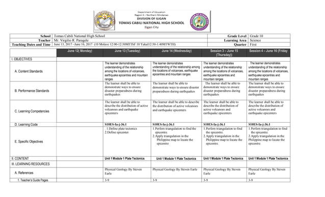 Lesson plan second week science grade 10 | PDF | Geology | Science