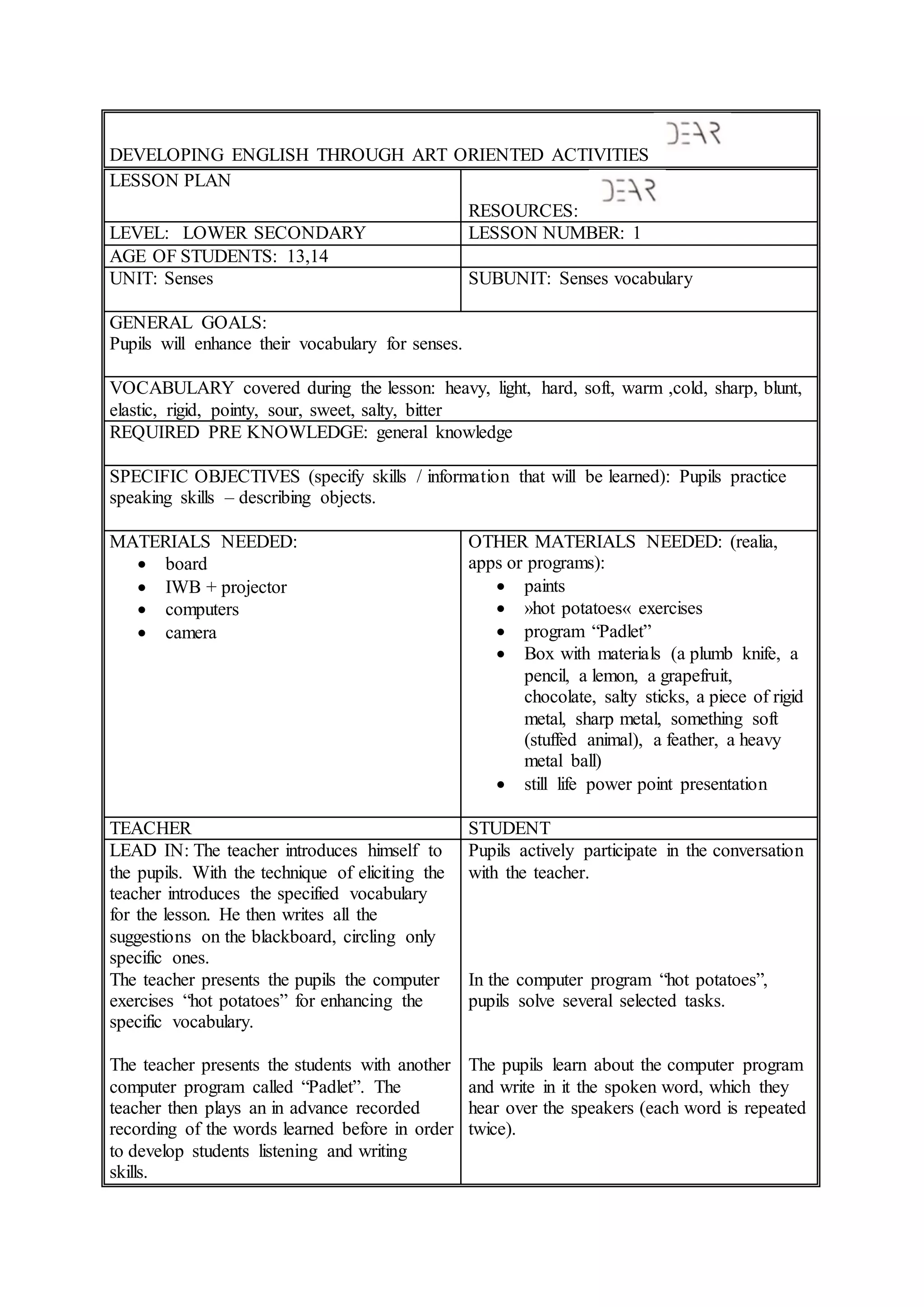 Lesson plan senses-_lower_secondary_lesson_1 | DOCX | Arts and Crafts ...