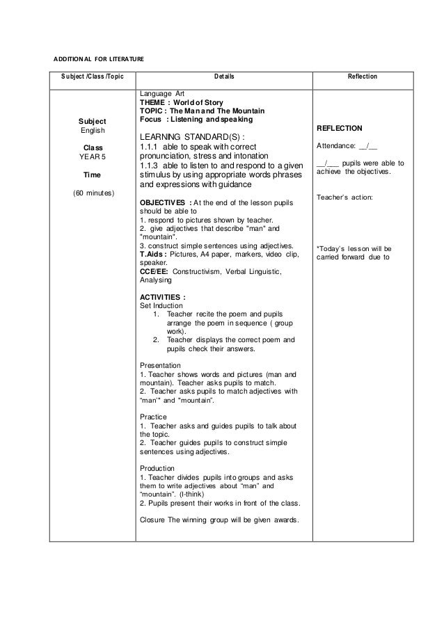 Lessonplans for literature Year 5 SK