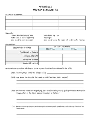 Lesson plans in science 10 - activitysheet (lenses image formation) | DOCX