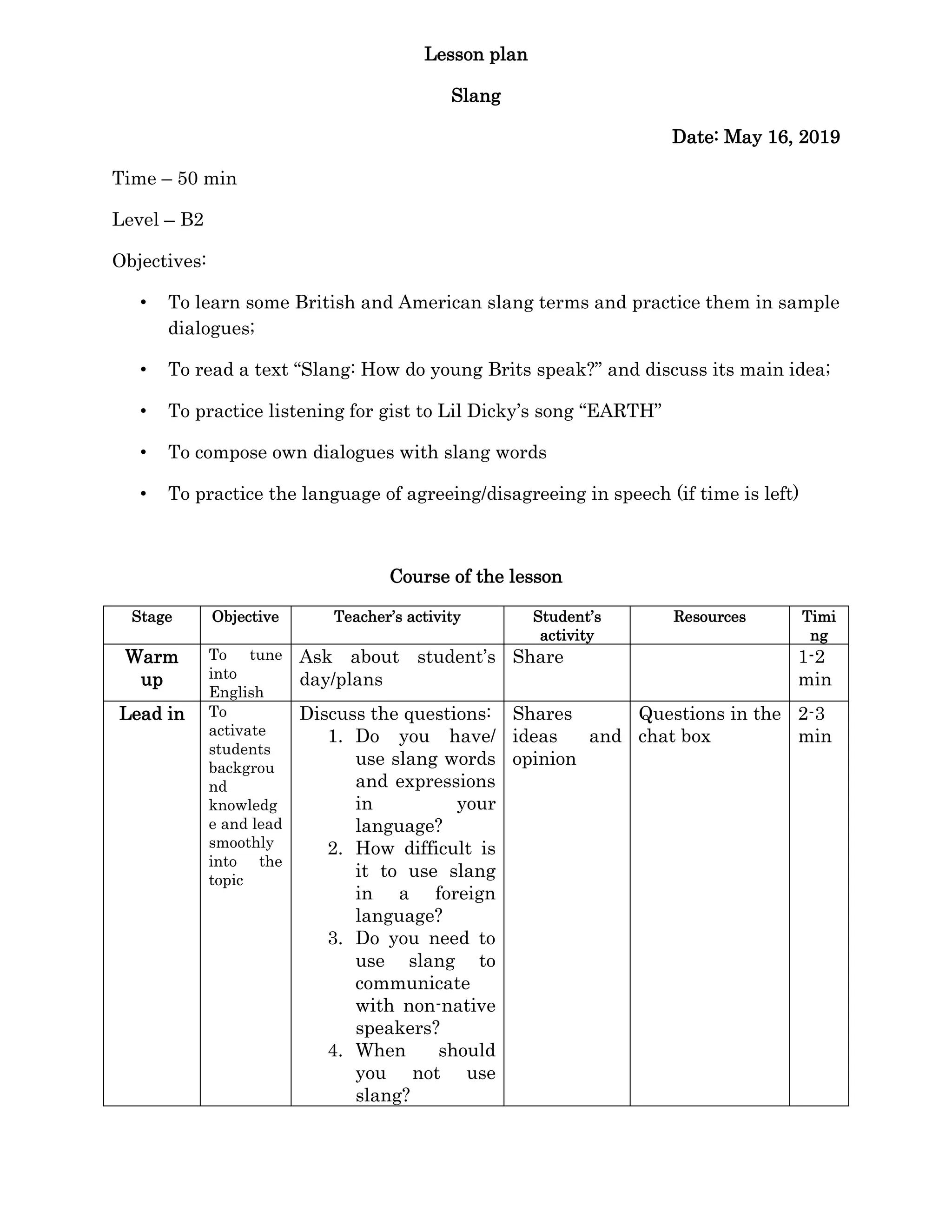 Lesson plan slang | PDF