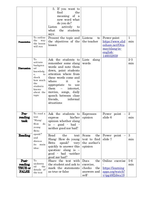 Lesson plan slang