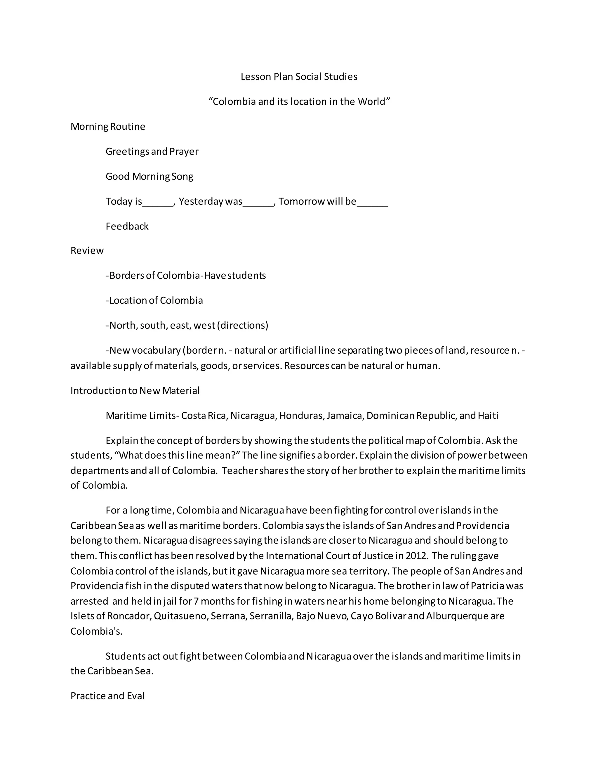 SOCIAL STUDIES LESSON PLAN 2: "COLOMBIA AND ITS LOCATION IN THE WORLD ...