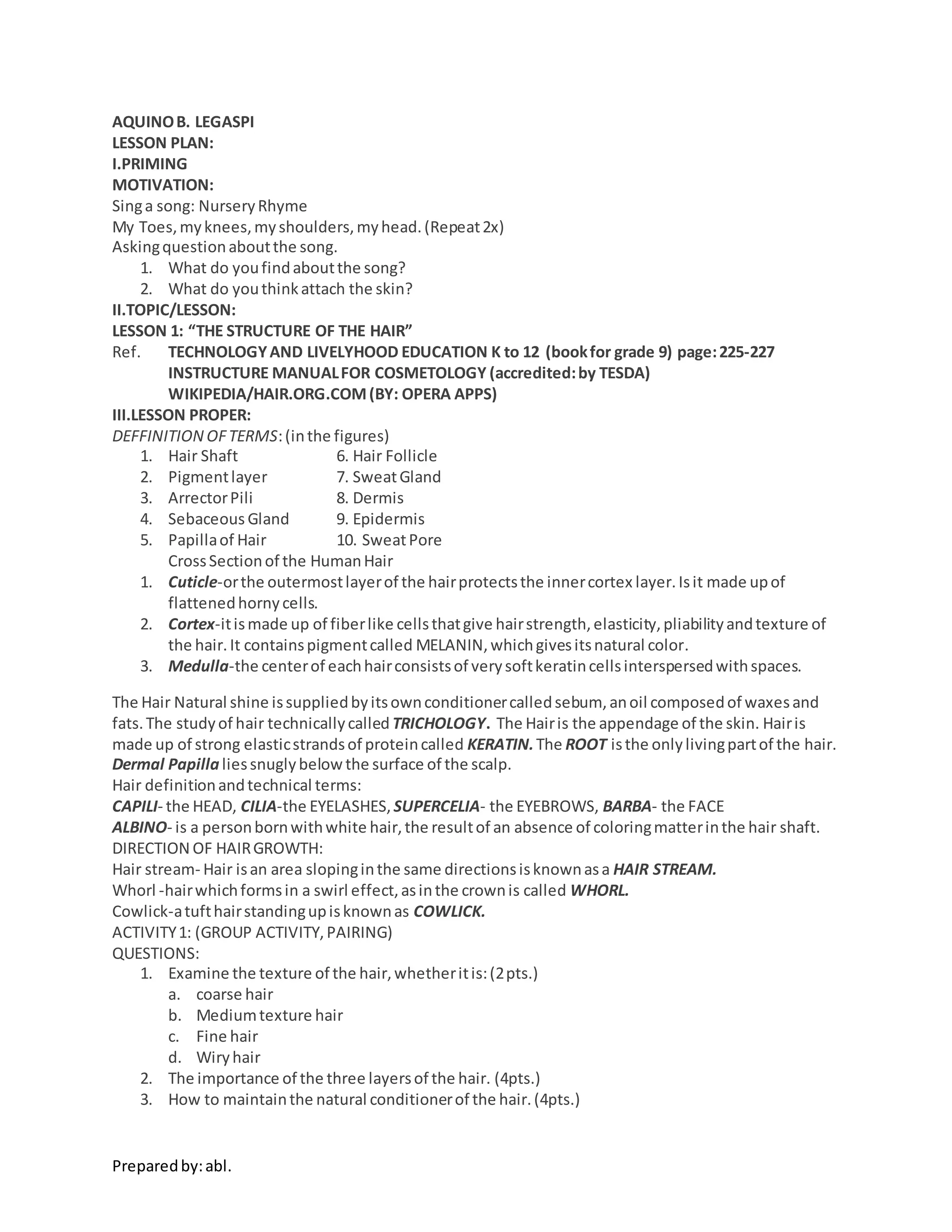 k to 12 tle grade 9 Lesson plan, structure of the hair | DOCX