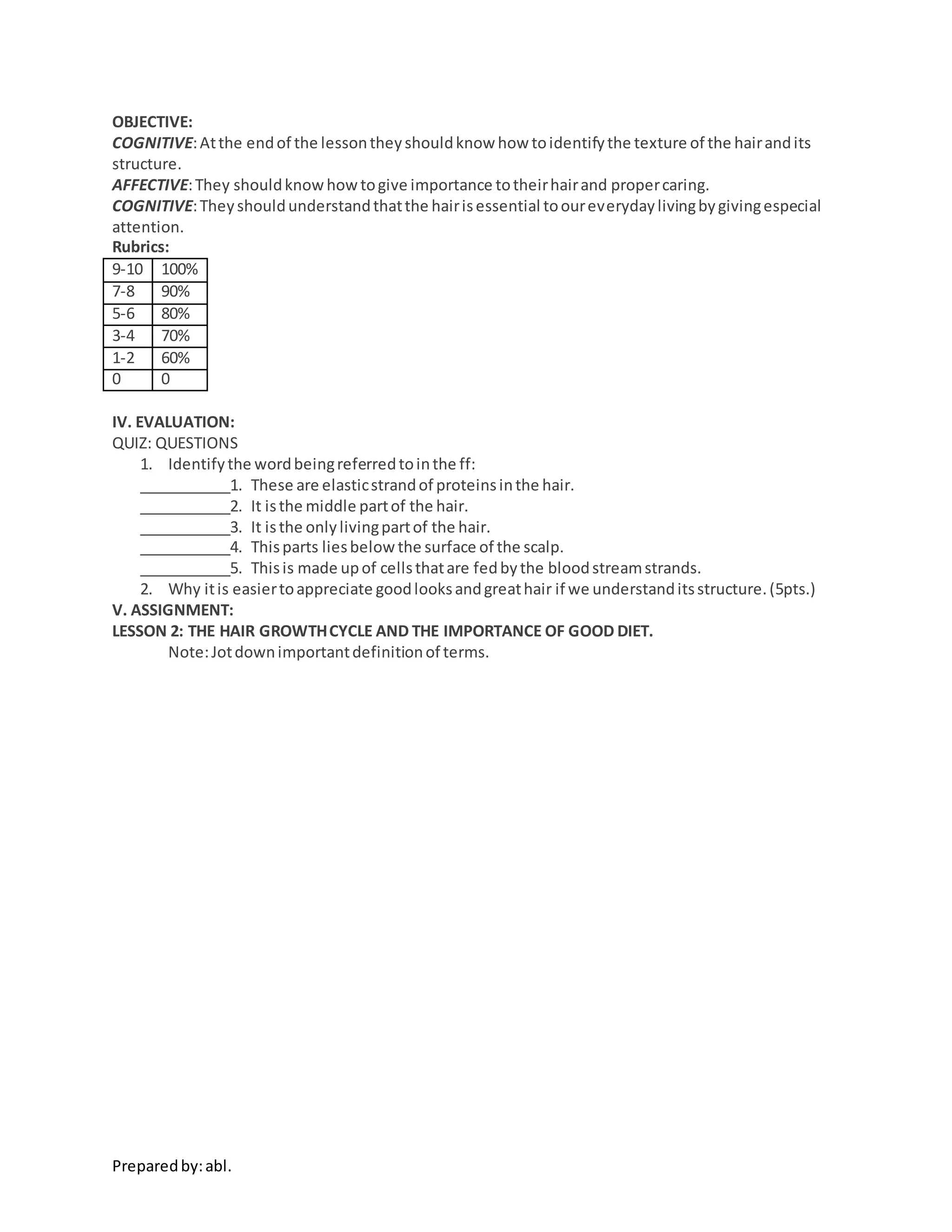 k to 12 tle grade 9 Lesson plan, structure of the hair | DOCX