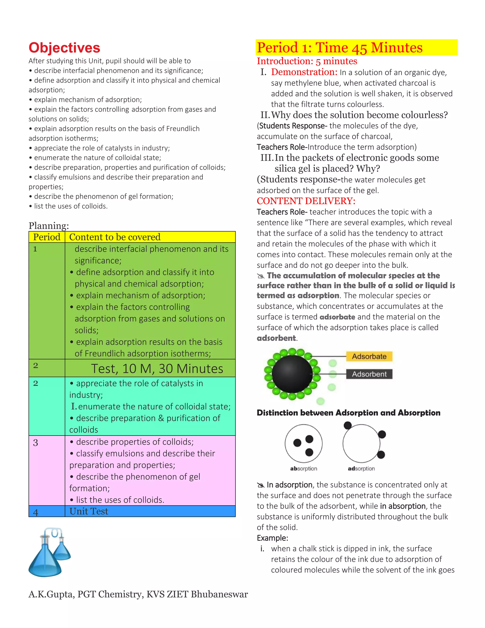Lesson Plan Surface Chemistry Class XII , CBSE | PDF