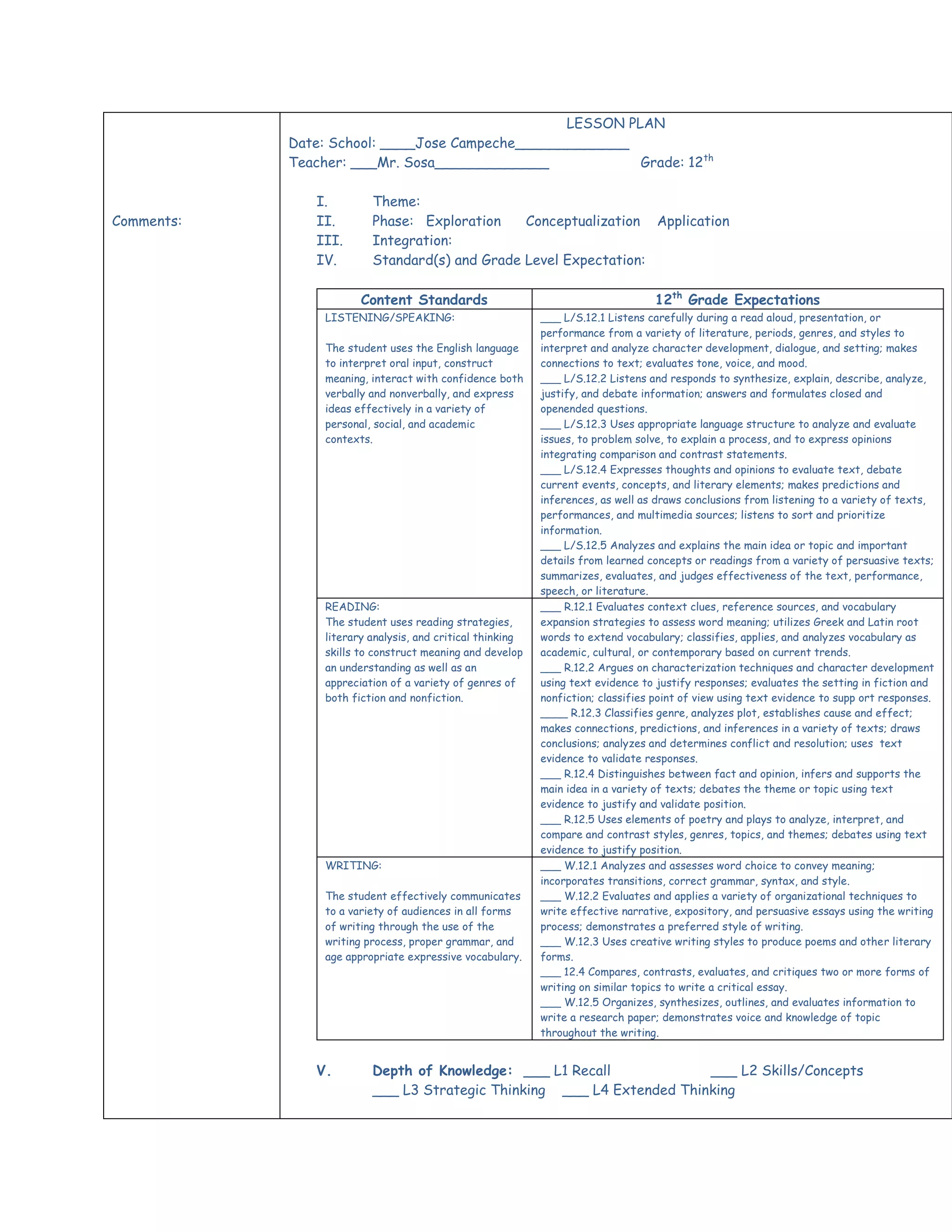 Lesson plan template 12 blue | DOCX | Education