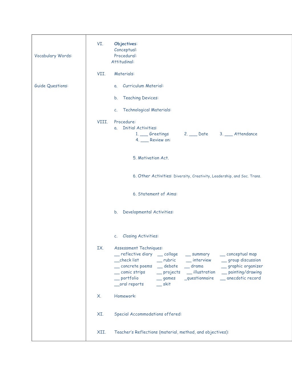 Lesson plan template 12 blue