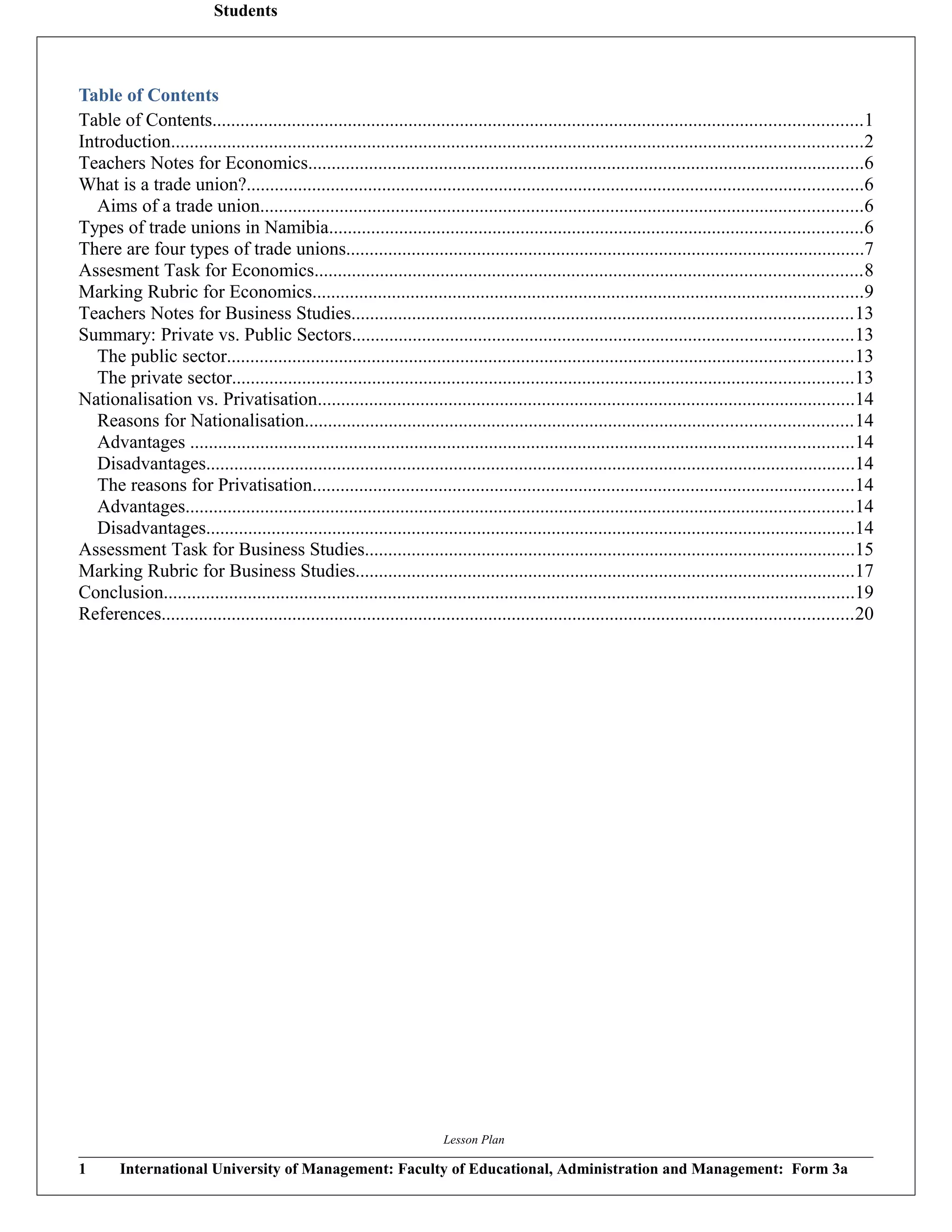 Lesson plan template Economics grade 12 | DOC