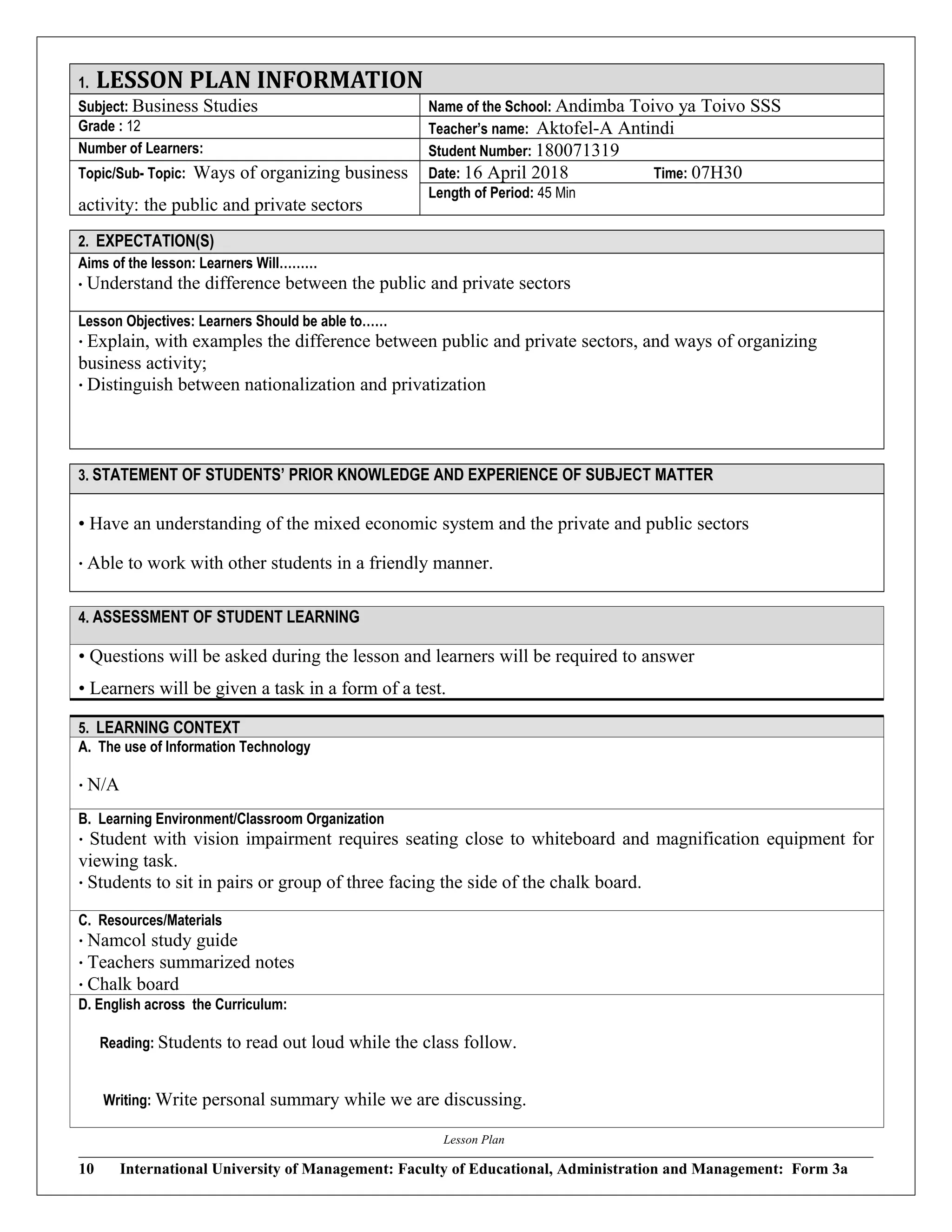 Lesson plan template Economics grade 12 | DOC