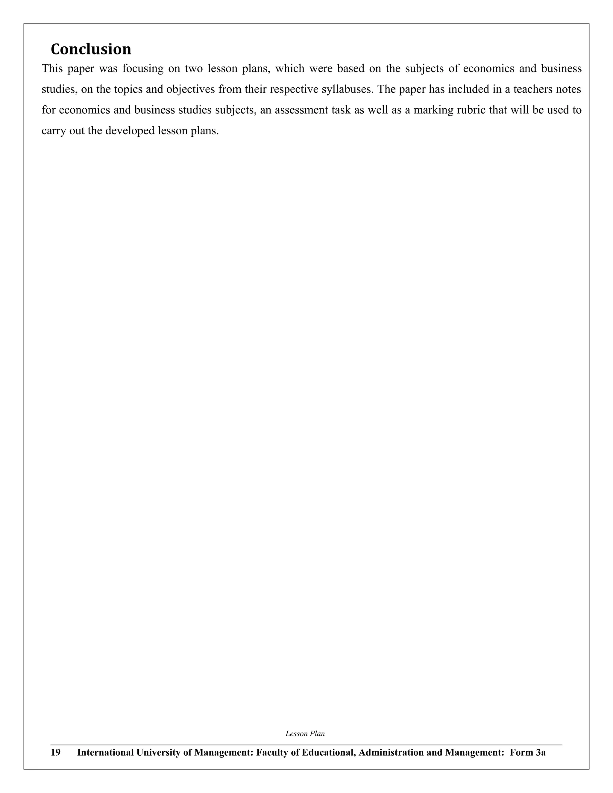 Lesson plan template Economics grade 12 | DOC