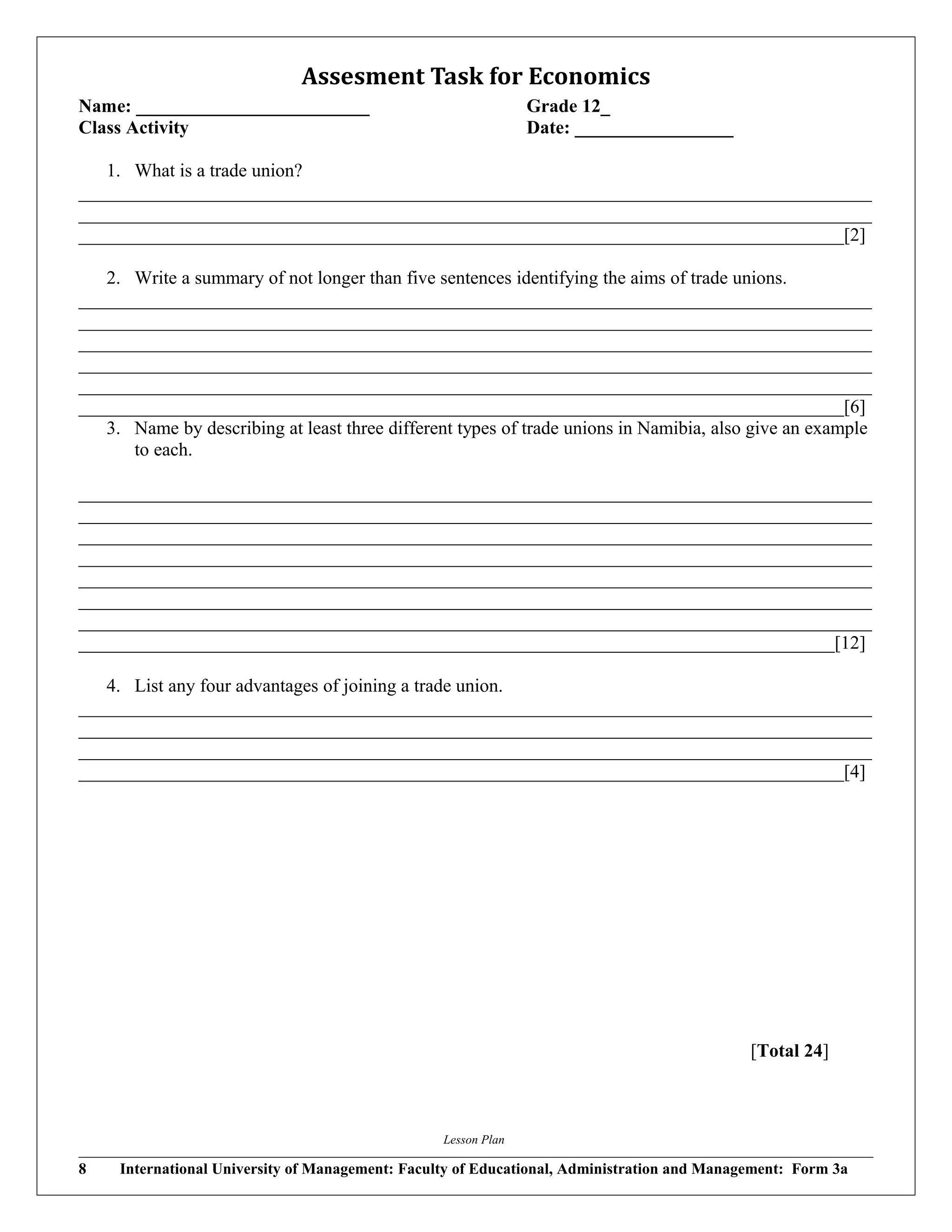 Lesson plan template Economics grade 12 | DOC