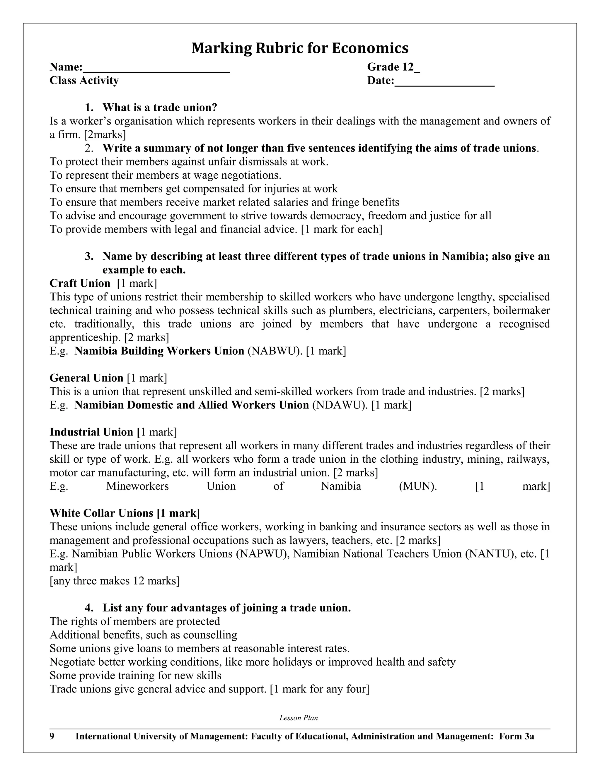 Lesson plan template Economics grade 12 | DOC