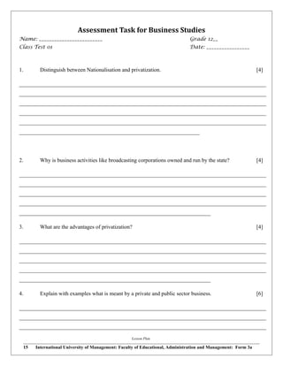 Lesson plan template Economics grade 12 | DOC