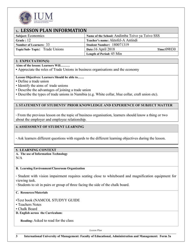 Lesson plan template Economics grade 12 | PDF