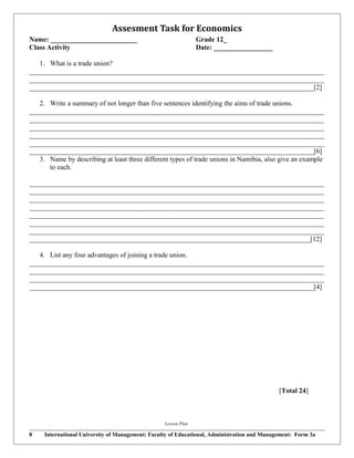 Lesson plan template Economics grade 12 | DOC