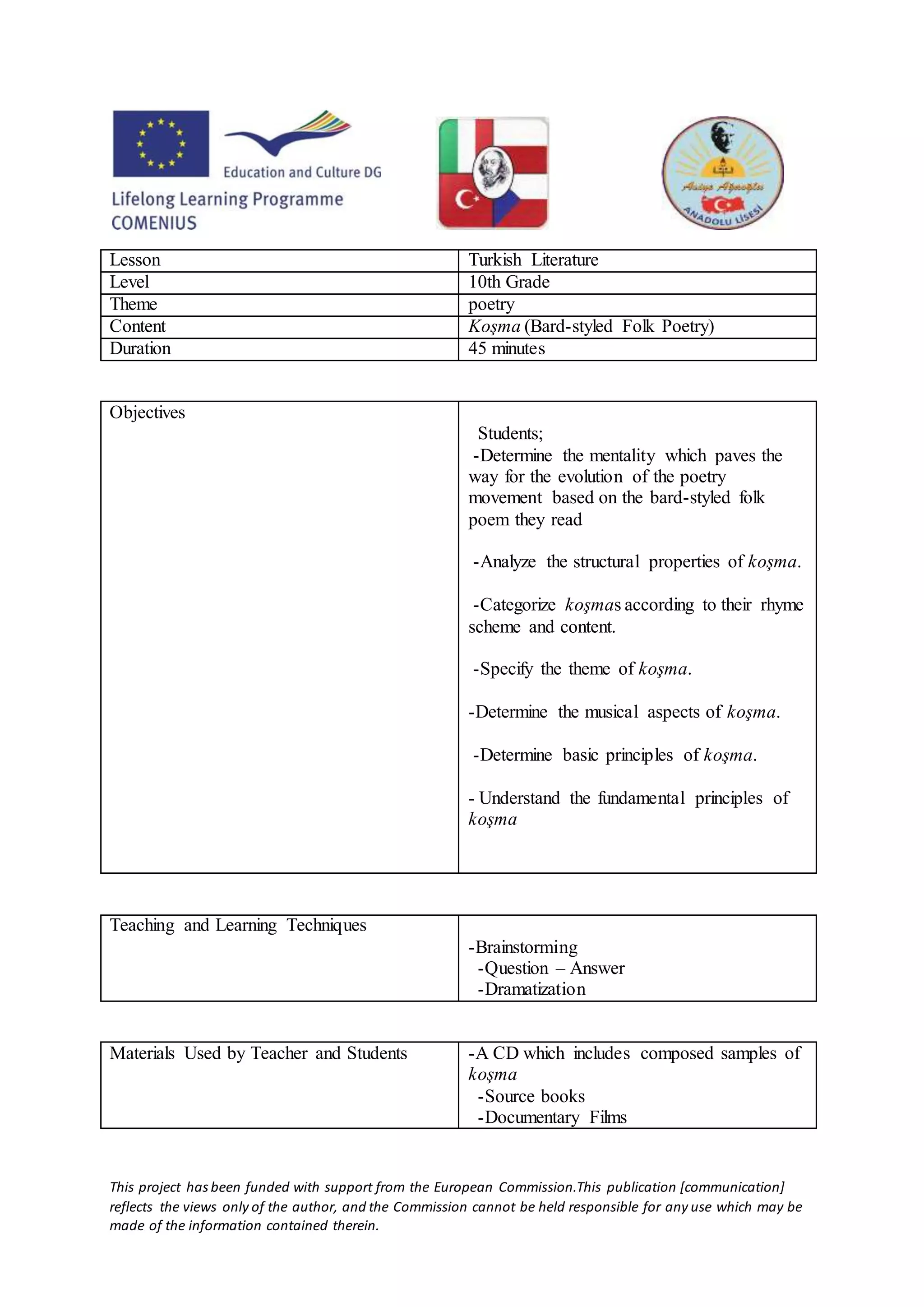 Lesson plan Turkish Literature | DOCX
