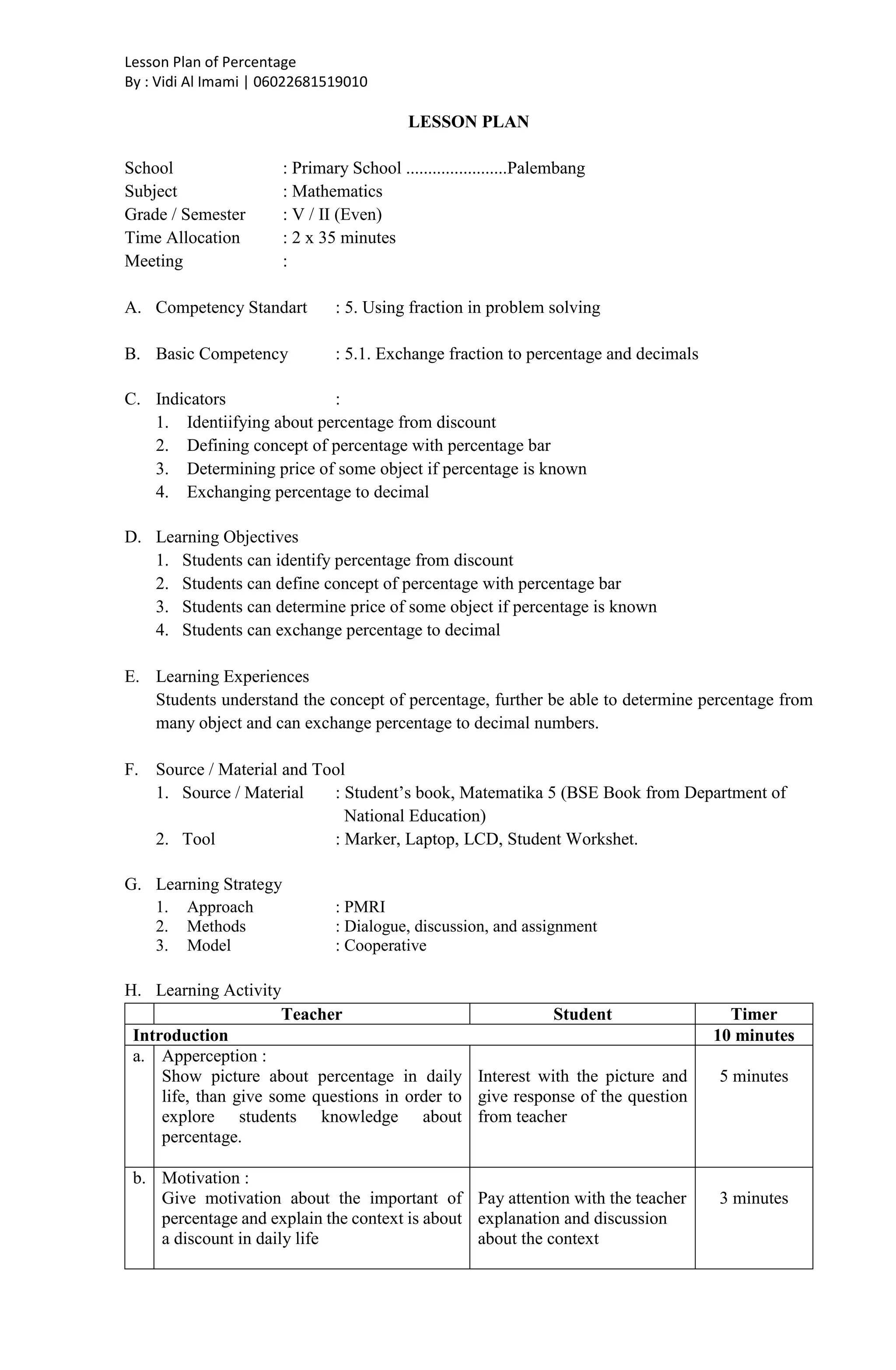 Lesson plan percentage with percentage bar | PDF