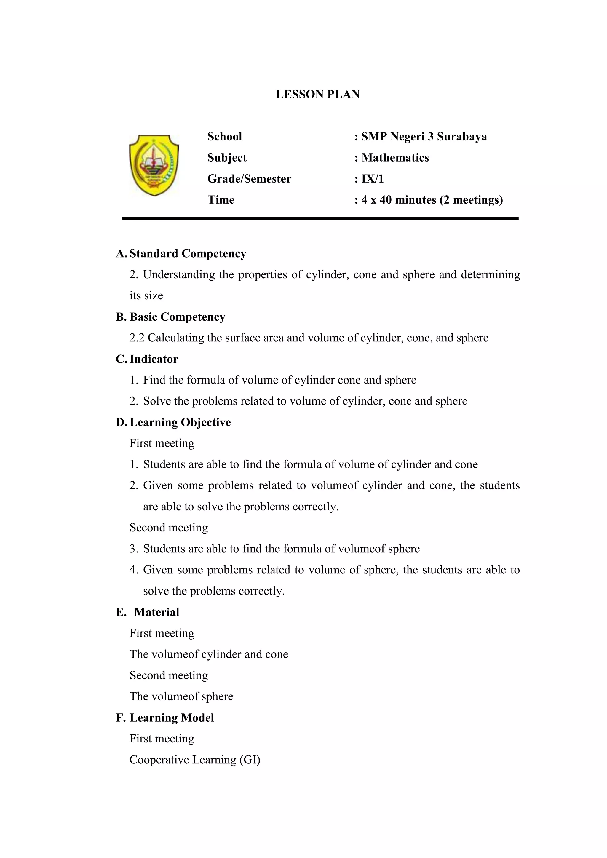 Lesson plan volume | DOCX