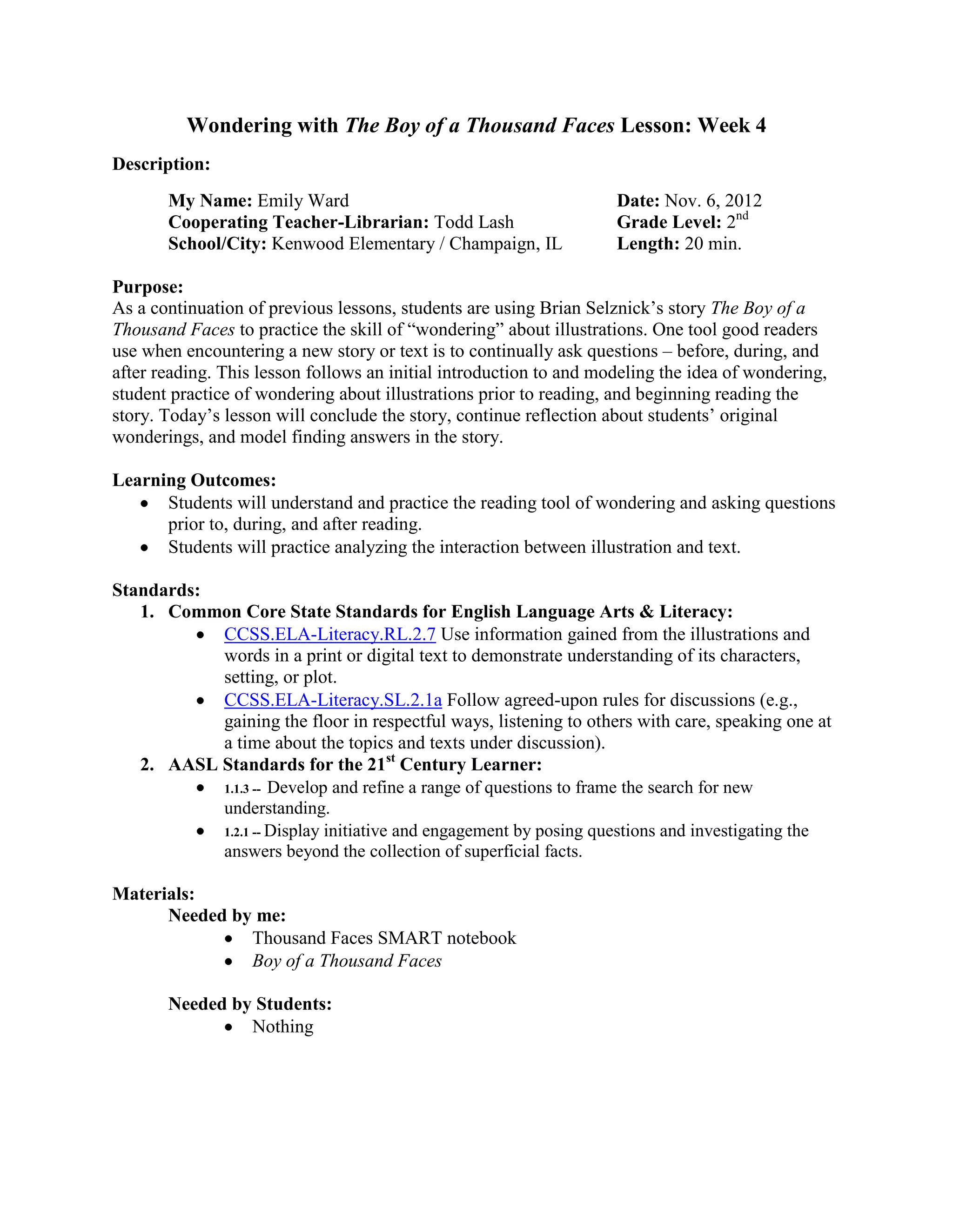 Wondering Lesson Plan | DOCX