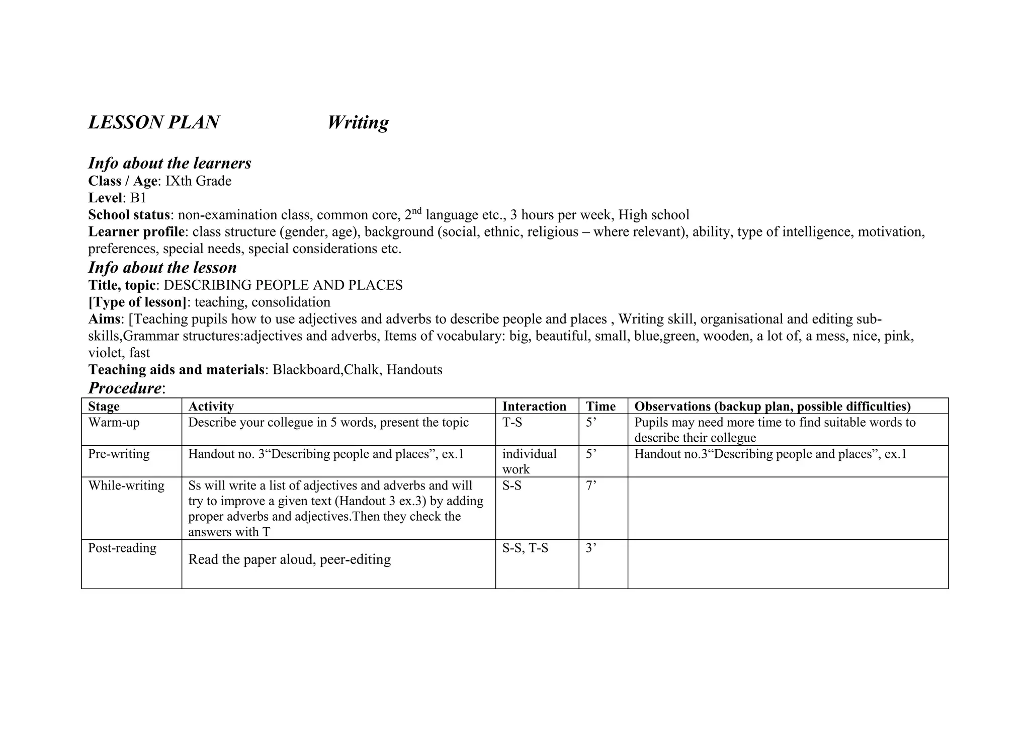 LESSON PLAN Writing (1).doc | Homework and Study | Education
