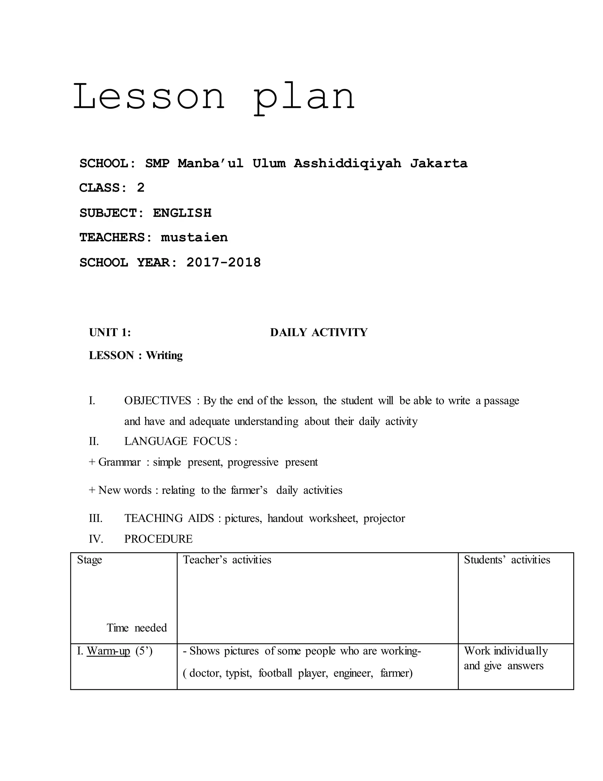 Lesson plan writing mustaien | DOCX