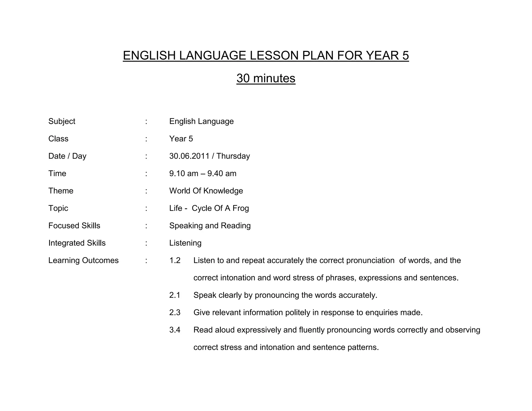 Lesson plan year 5 | DOCX