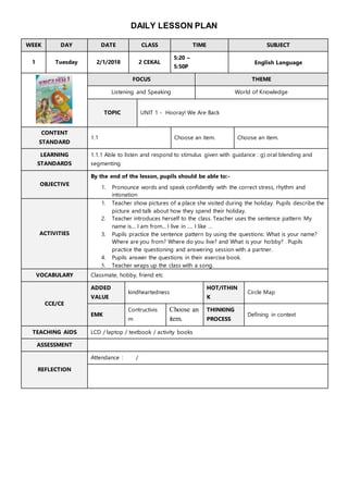 Lesson plan yr 2 week 1 @ 2017 | DOCX