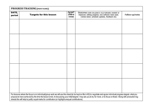 Lesson progress tracking sheet | DOCX