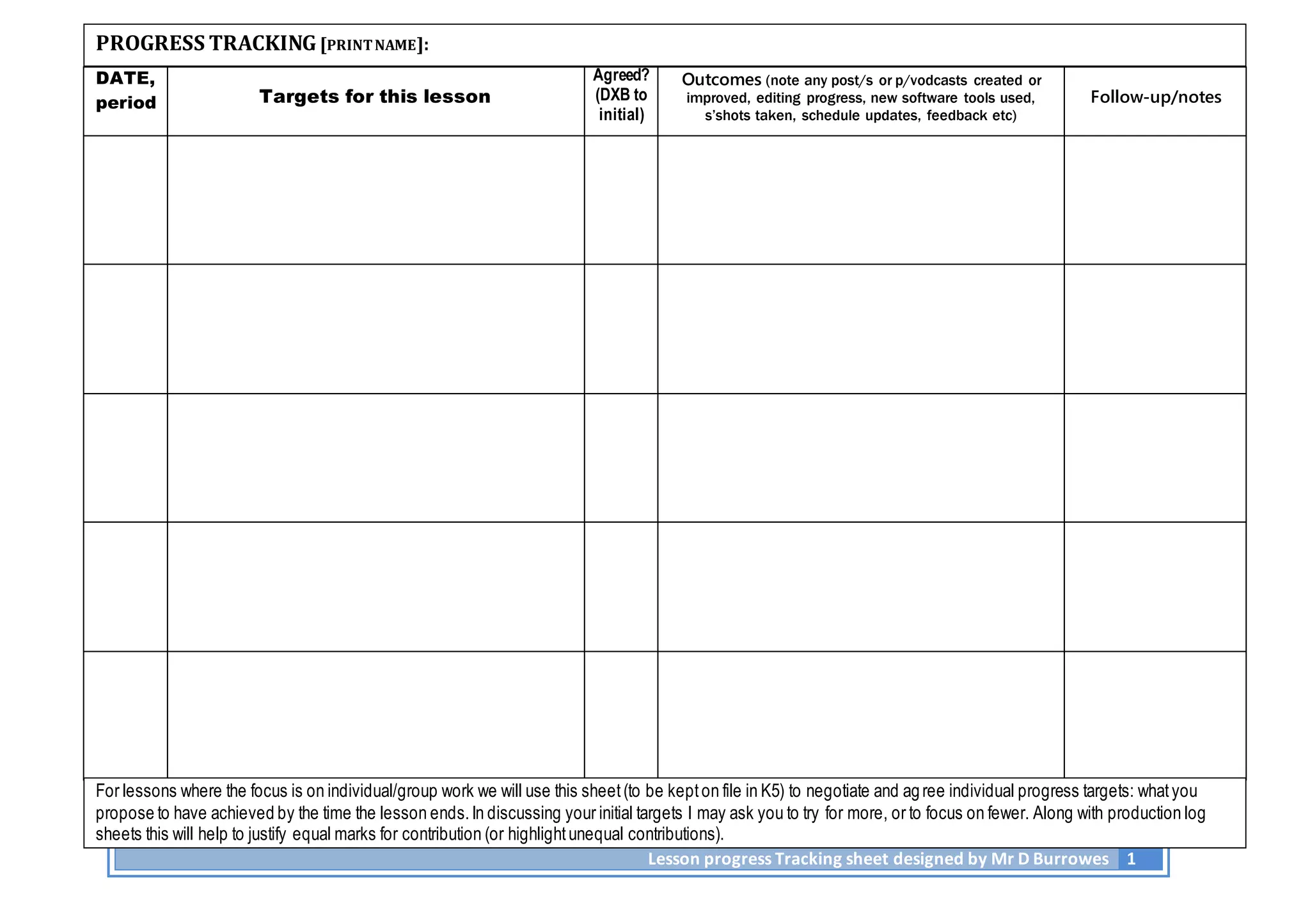 Lesson progress tracking sheet | PPT