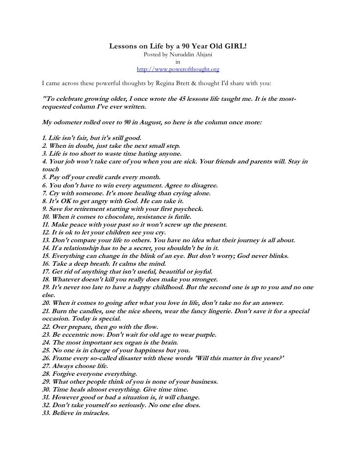 Lessons on Life By A 90 year old GIRL: Regina Brett