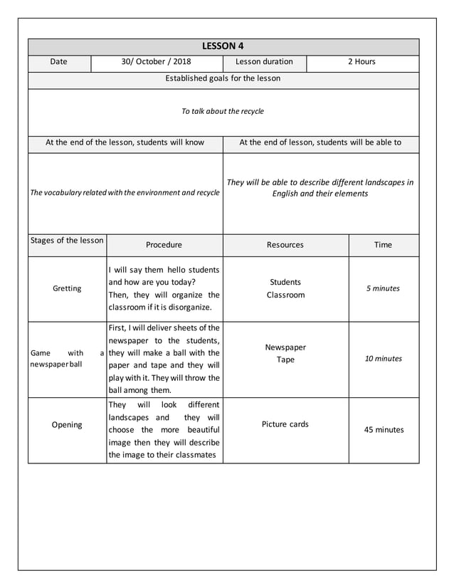 Lessons plans fourth grade | DOCX