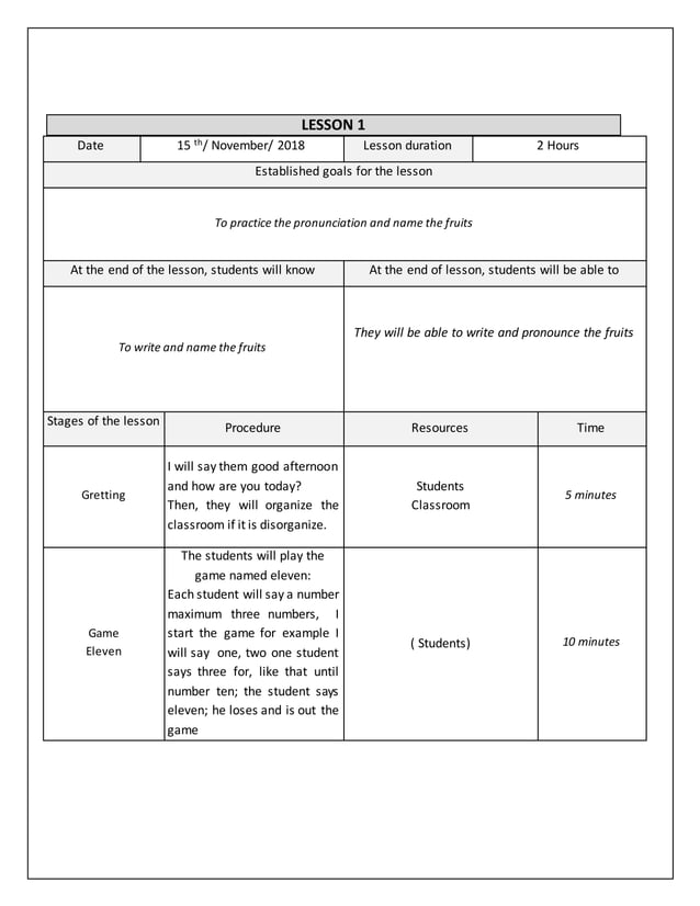 Lessons plans fourth grade | DOCX
