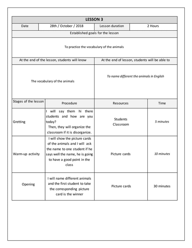 Lessons plans fourth grade | DOCX