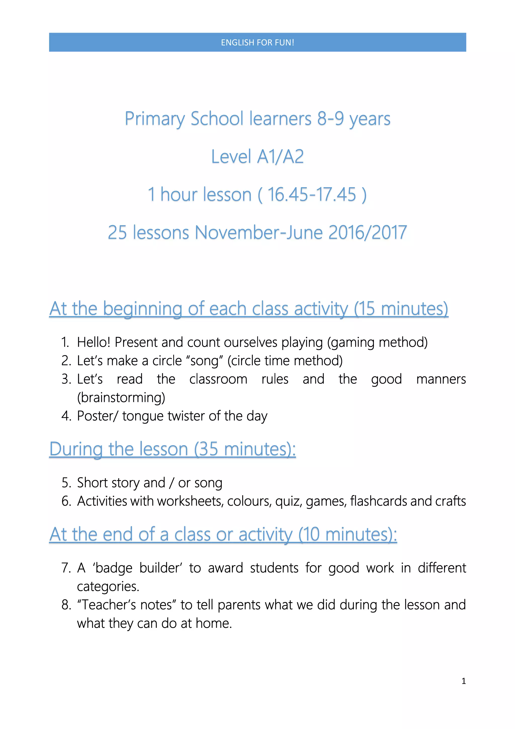Lessons plans a1 for primary school 8 9 years | PDF