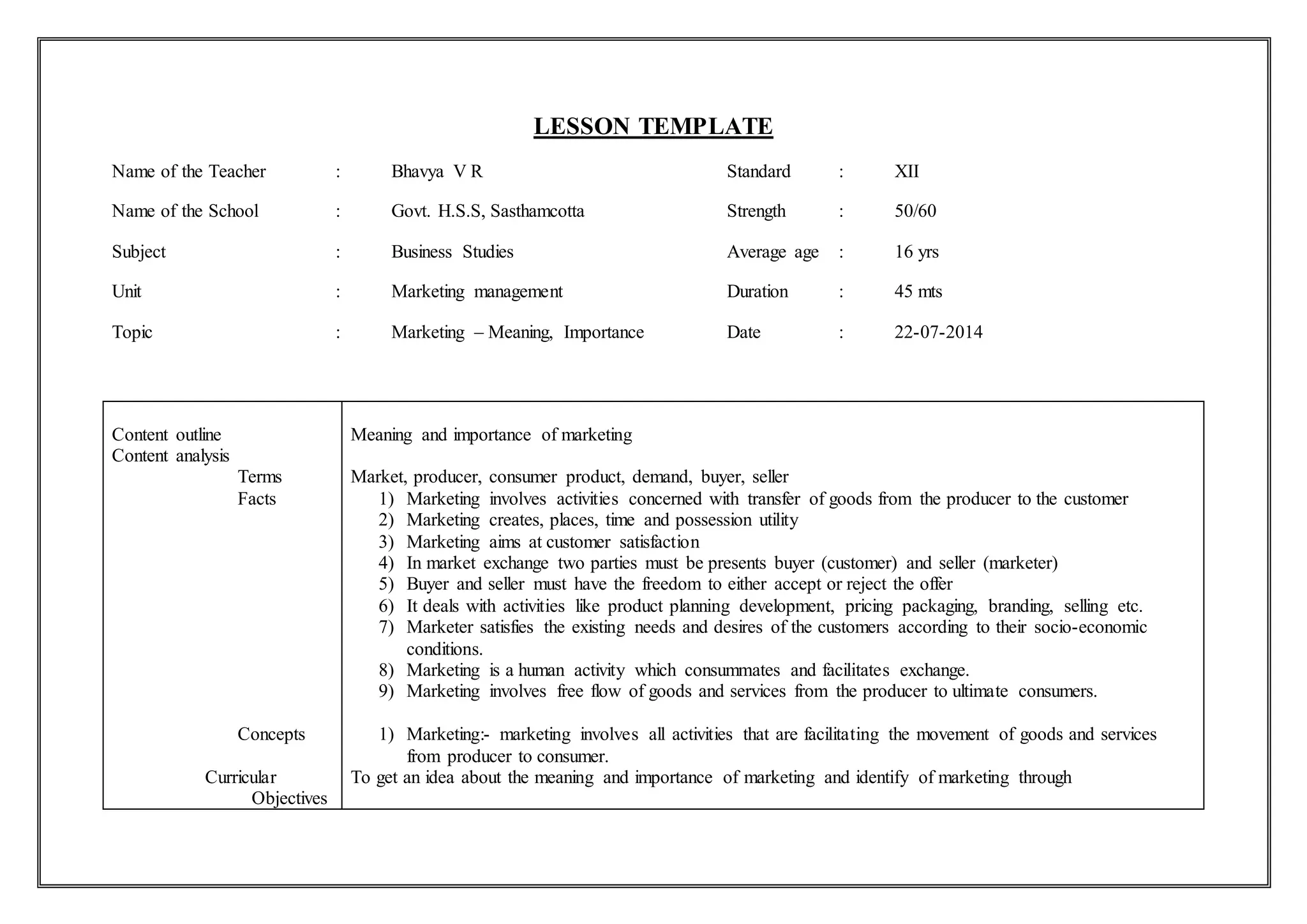 ICT ENABLED LESSON PLAN - Marketing – Meaning, Importance | DOCX