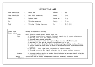 ICT ENABLED LESSON PLAN - Marketing – Meaning, Importance | DOCX