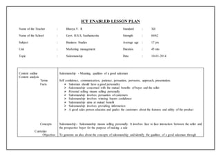 ICT ENABLED LESSON PLAN - Salesmanship | PPT